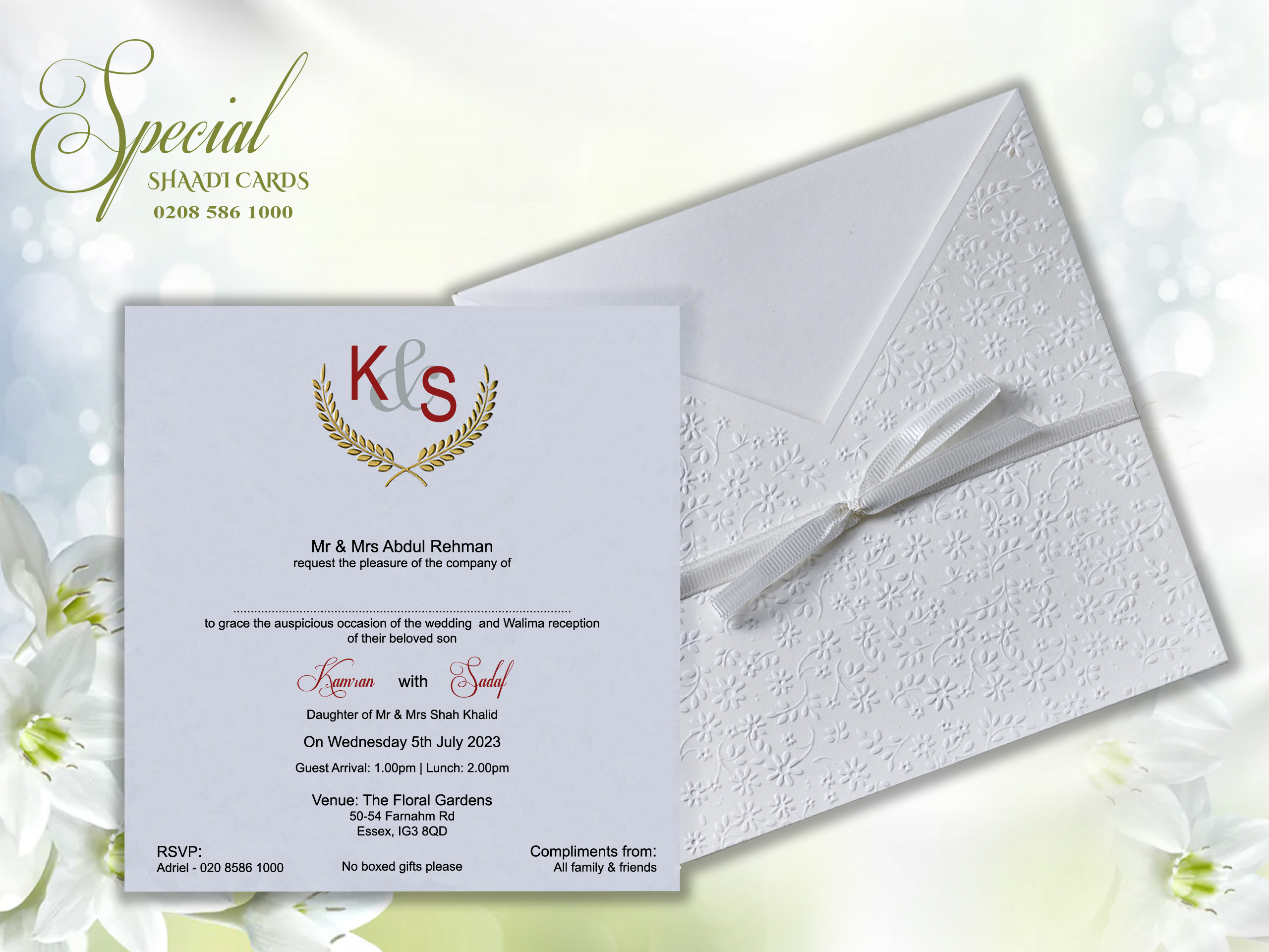 Embossed Floral Pocket Wedding Card with Ribbon – Regal Stationery